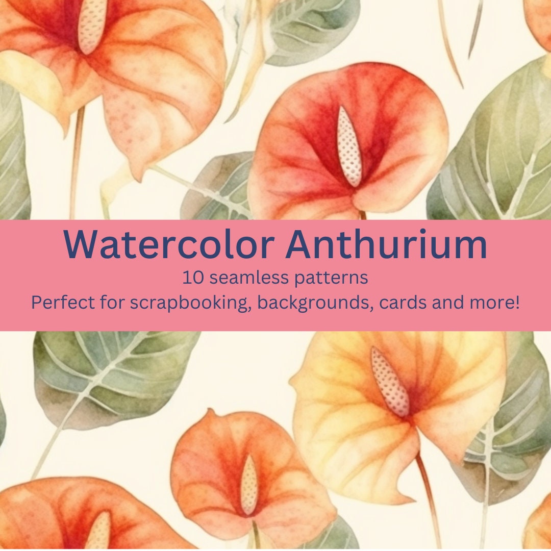 10 Digital Seamless Watercolor Anthurium Patterns: Tropical Flower ...