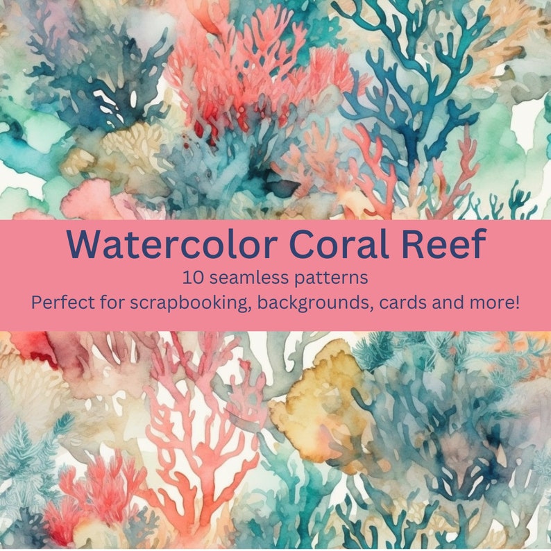 10 More Digital Seamless Watercolor Coral Reef Patterns: Oceanic Beauty ...