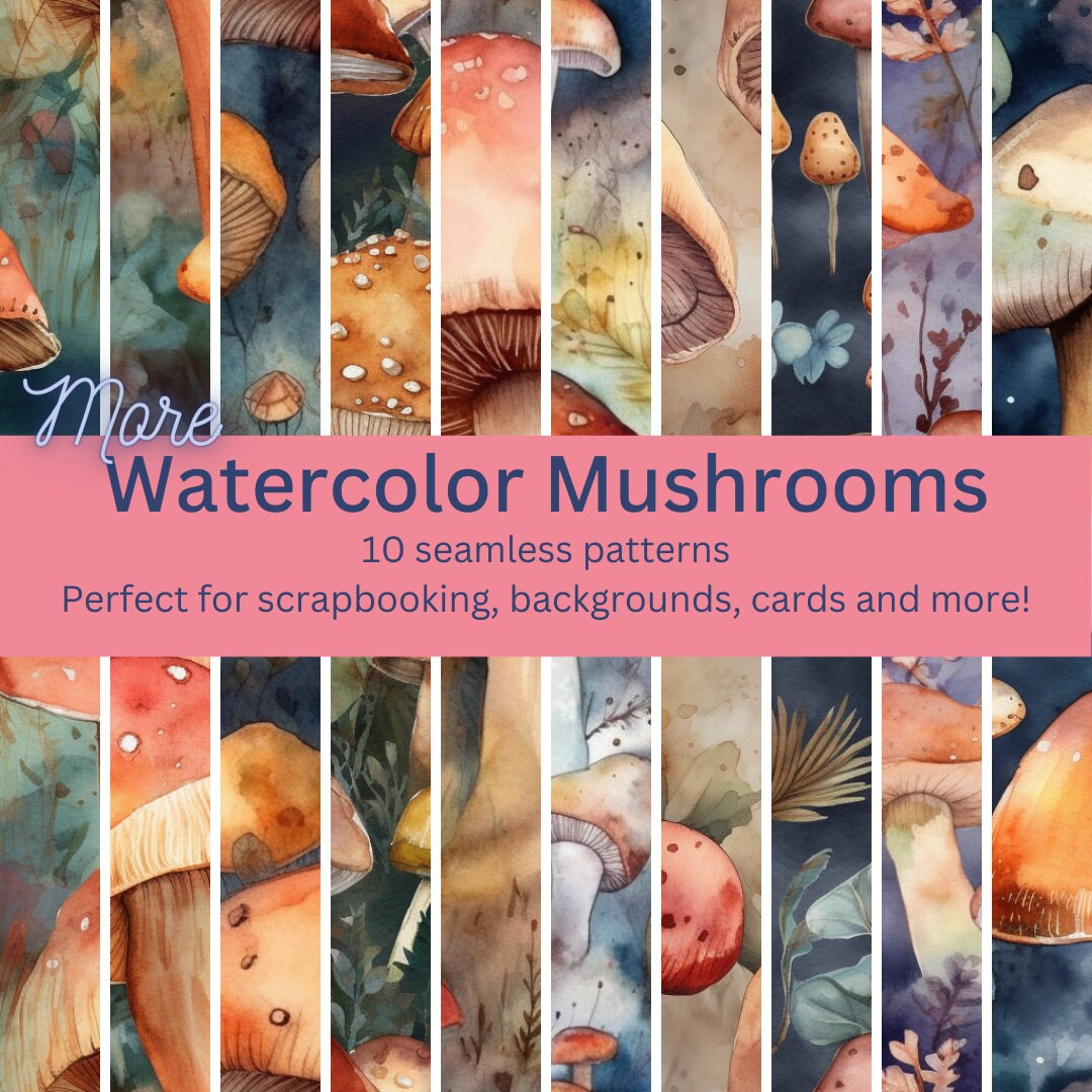 10 More Digital Seamless Dark Watercolor Mushroom Patterns: Whimsical ...