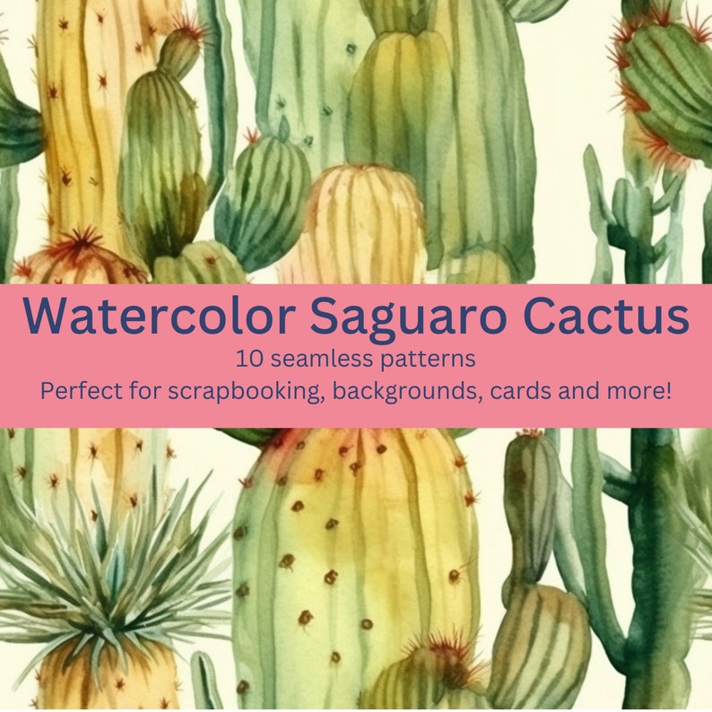 10 Seamless Saguaro Cactus Watercolor Patterns High-quality Digital ...