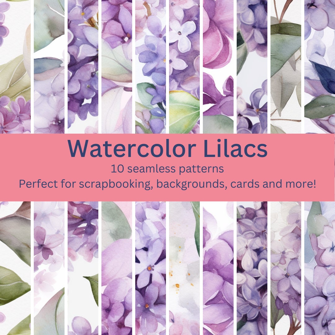 10 Digital Seamless Watercolor Lilac Floral Patterns: Delicate Flower ...