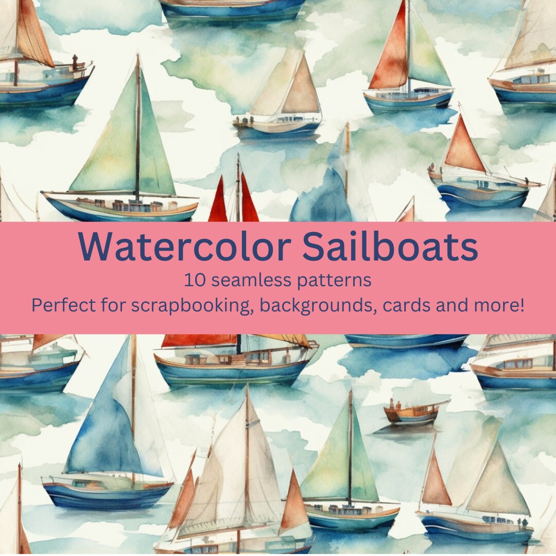 10 Vibrant Digital Seamless Sailboat Watercolor Patterns Ideal for ...