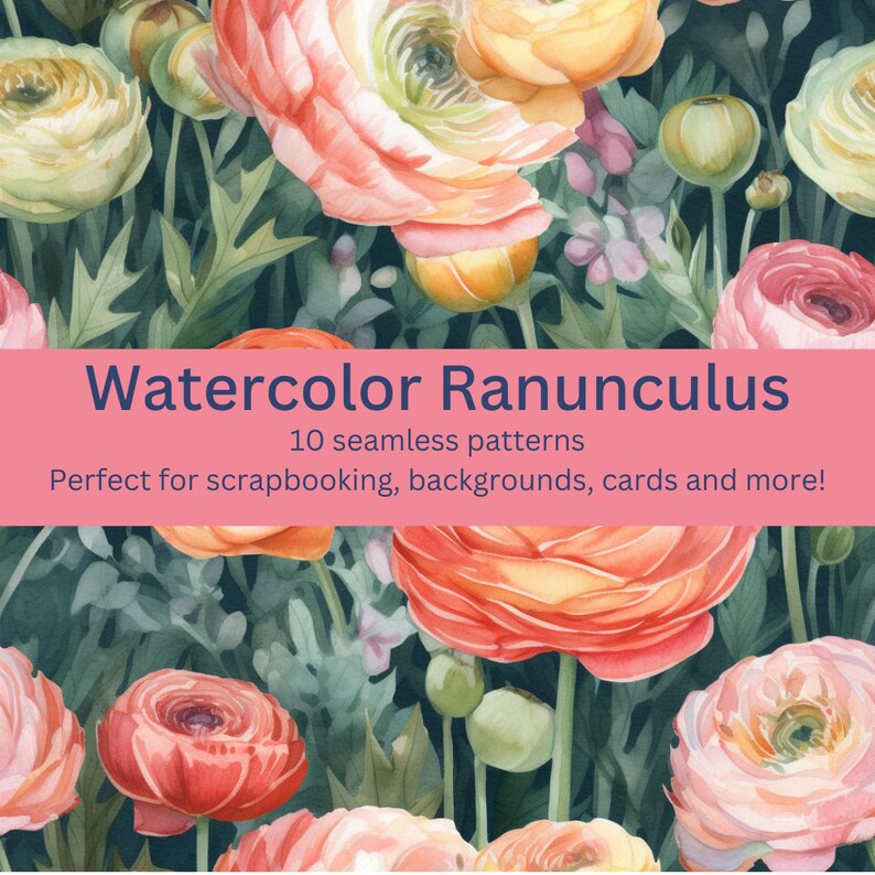10 More Digital Seamless Watercolor Ranunculus Patterns: Elegant Floral ...