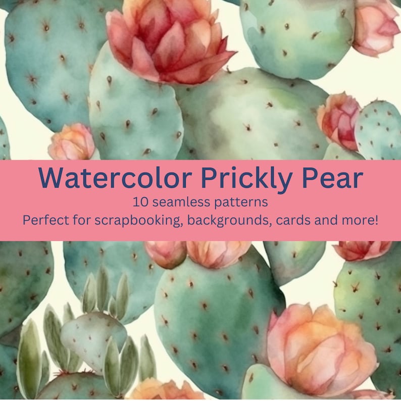 10 Seamless Prickly Pear Cactus Watercolor Patterns - More High-quality ...