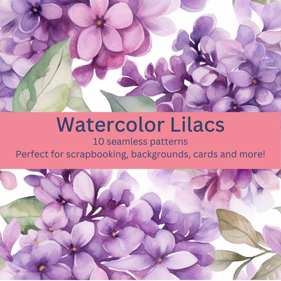 10 Digital Seamless Watercolor Lilac Floral Patterns: Delicate Flower ...