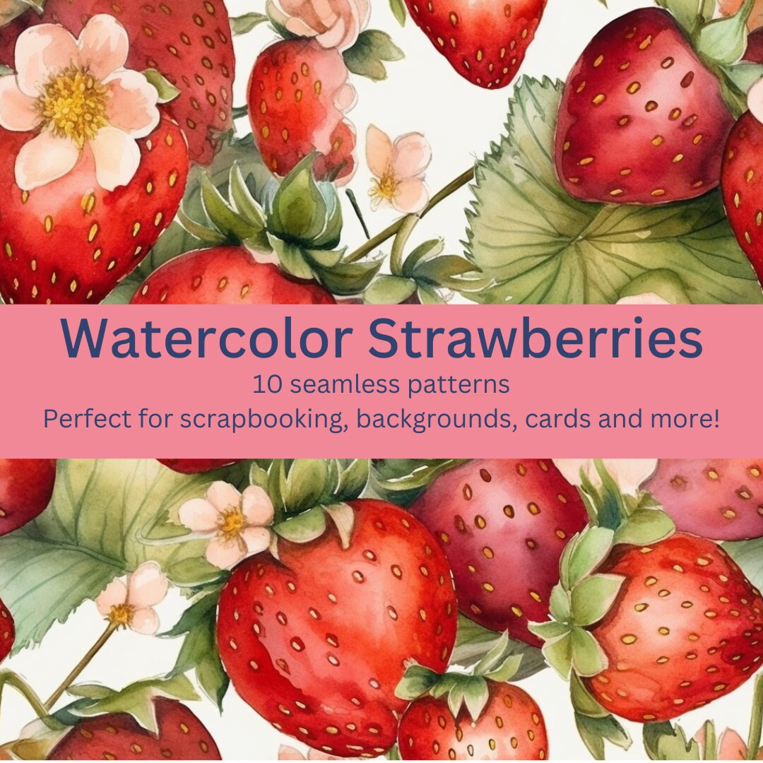 10 Digital Seamless Watercolor Strawberries Patterns: Juicy Fruit ...