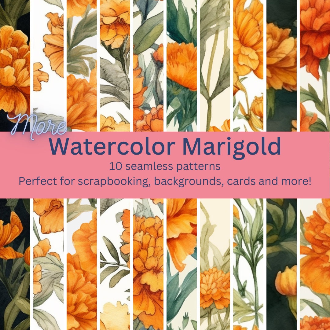 10 More Digital Seamless Watercolor Marigold Patterns: Vibrant Floral ...