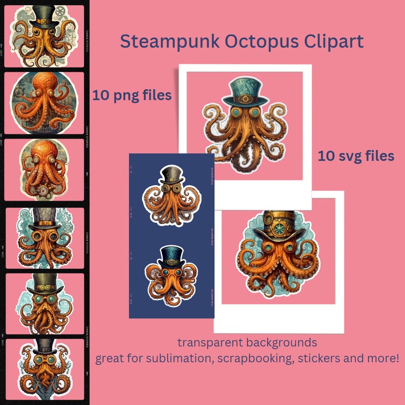 Steampunk Octopus Clipart Bundle - 10 Offbeat PNG & SVG Files for ...