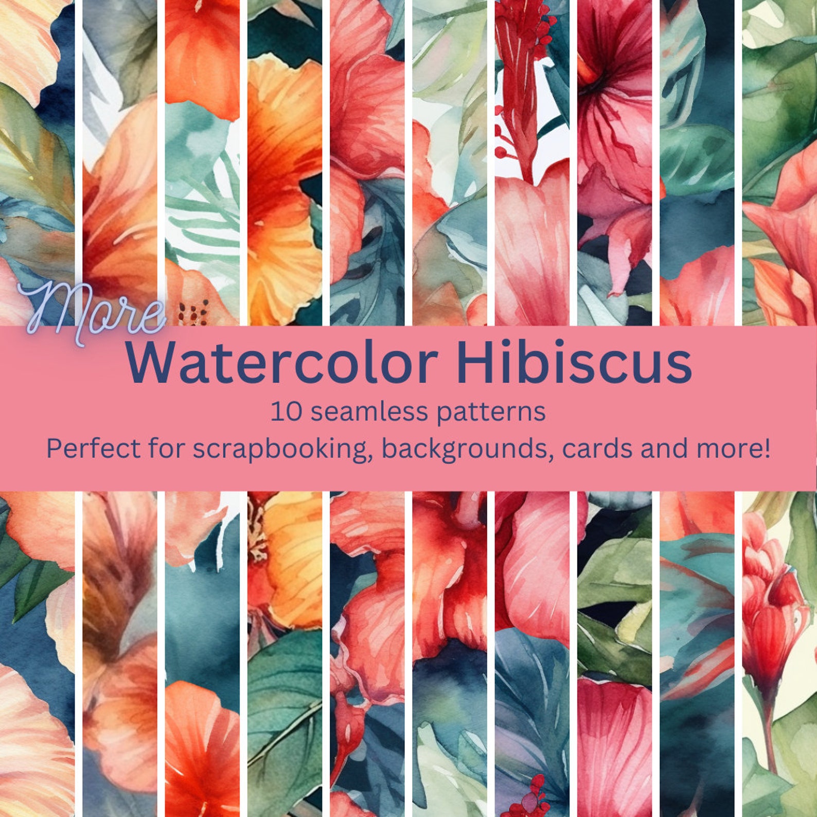 10 More Digital Seamless Watercolor Hibiscus Patterns: Tropical Floral ...