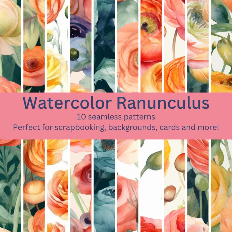 10 More Digital Seamless Watercolor Ranunculus Patterns: Elegant Floral ...