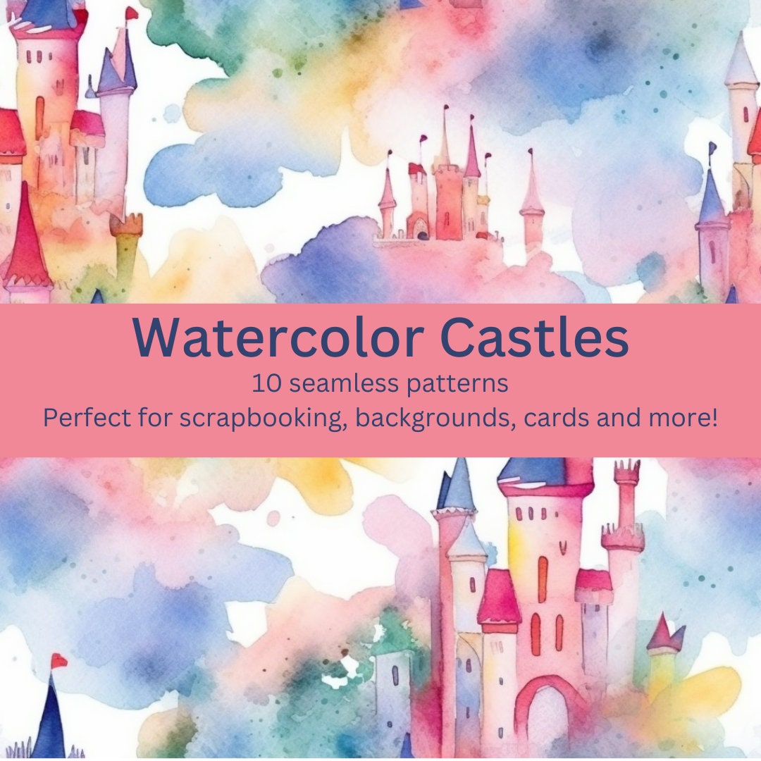 10 Digital Seamless Watercolor Castle Patterns: Enchanting Fortress ...