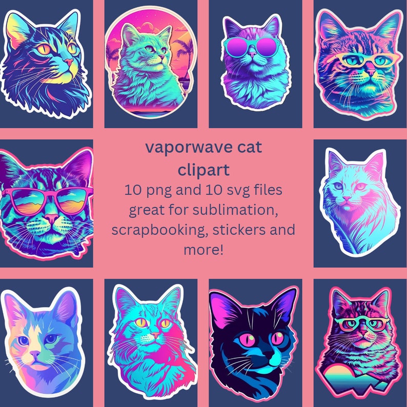 Vaporwave Aesthetic Cat Clipart Bundle 10 PNG & SVG Files - Etsy