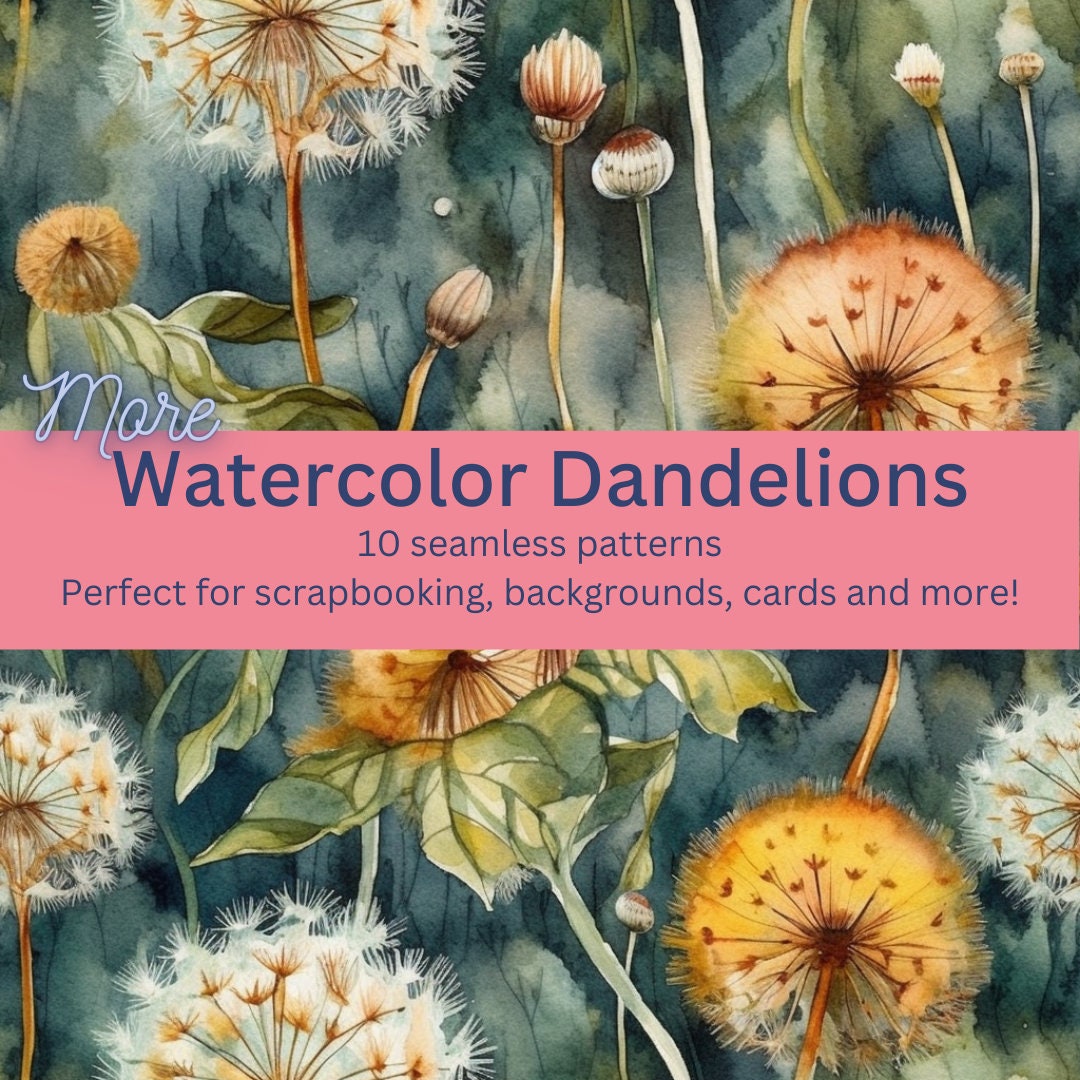 10 More Digital Seamless Watercolor Dandelion Patterns: Whimsical ...