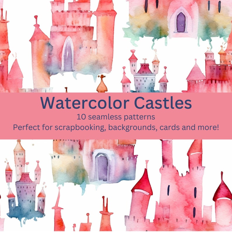 10 Digital Seamless Watercolor Castle Patterns: Enchanting Fortress ...