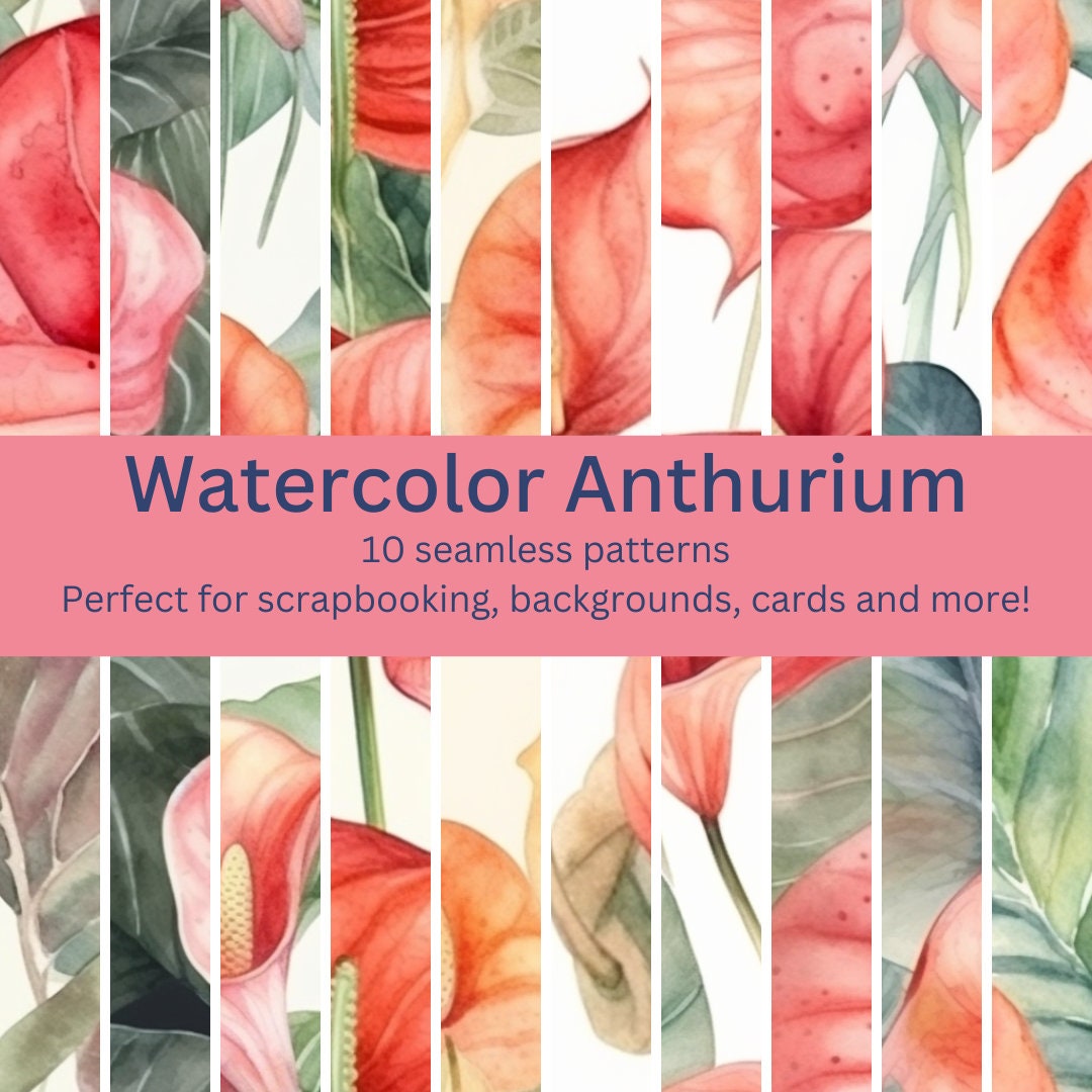 10 Digital Seamless Watercolor Anthurium Patterns: Tropical Flower ...