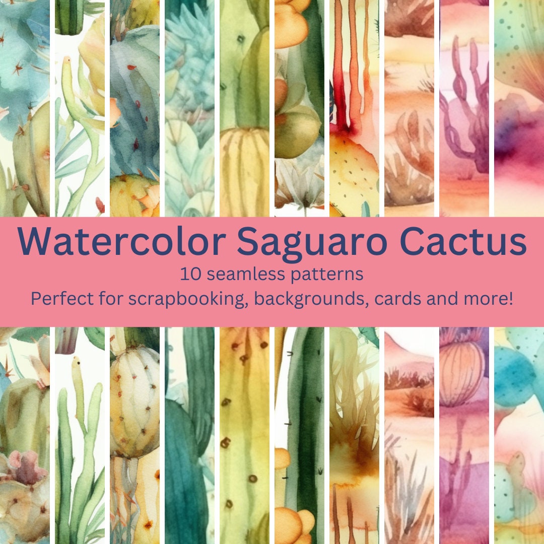 10 Seamless Saguaro Cactus Watercolor Patterns - High-quality Digital ...