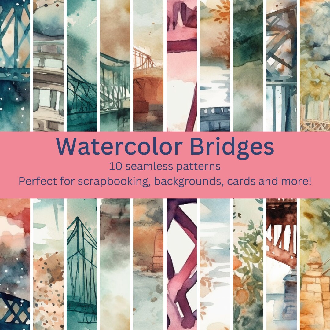 10 More Digital Seamless Watercolor Bridge Patterns: Scenic ...