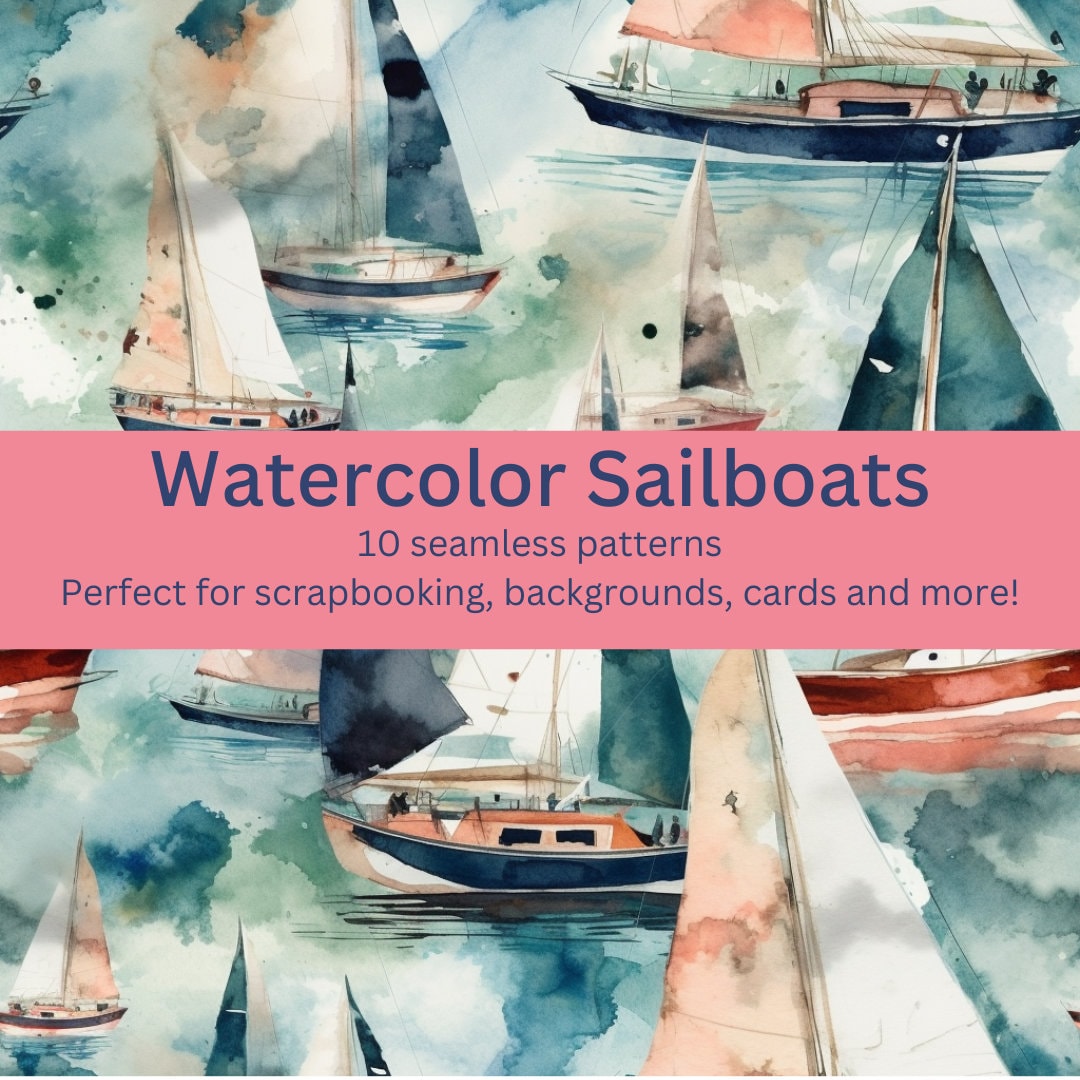 10 Vibrant Digital Seamless Sailboat Watercolor Patterns Ideal for ...