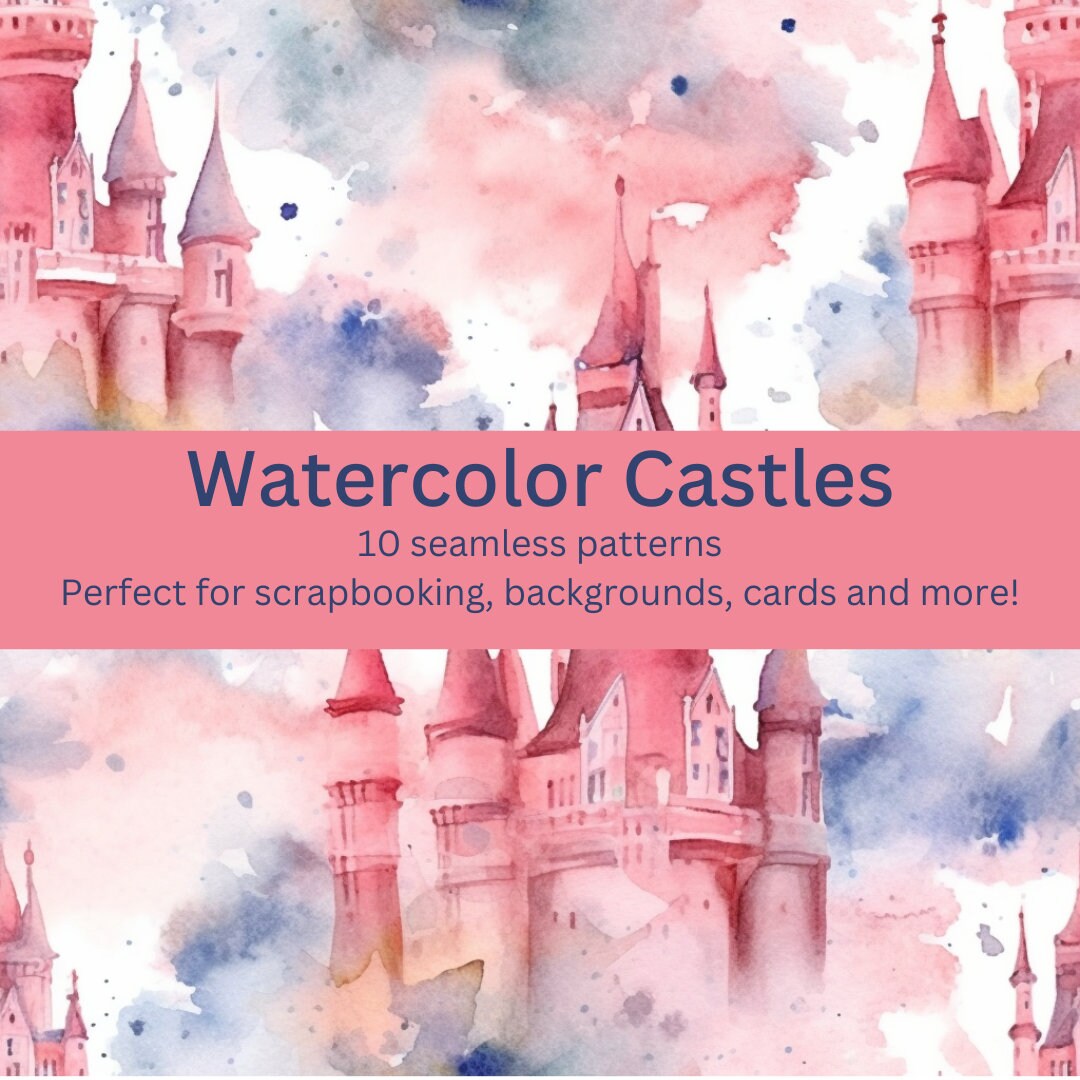 10 Digital Seamless Watercolor Castle Patterns: Enchanting Fortress ...