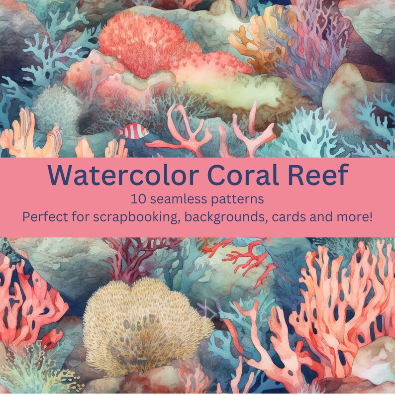 10 More Digital Seamless Watercolor Coral Reef Patterns: Oceanic Beauty ...