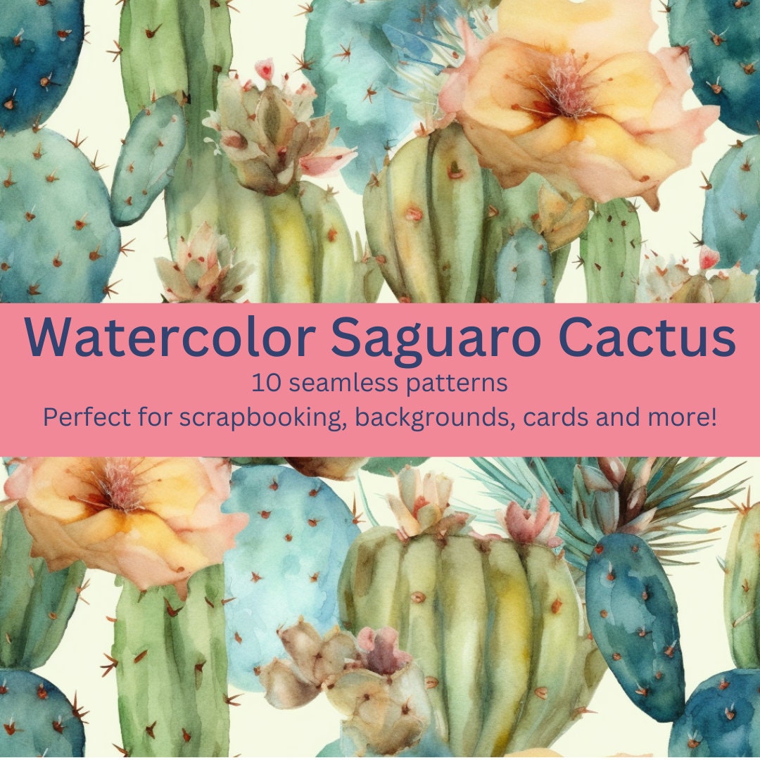 10 Seamless Saguaro Cactus Watercolor Patterns - High-quality Digital ...