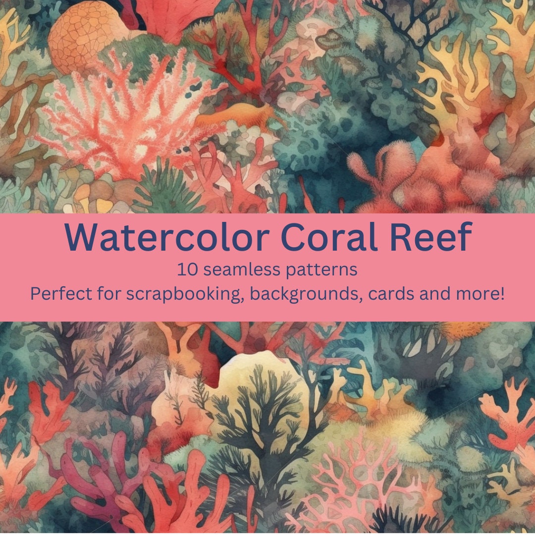 10 More Digital Seamless Watercolor Coral Reef Patterns: Oceanic Beauty ...