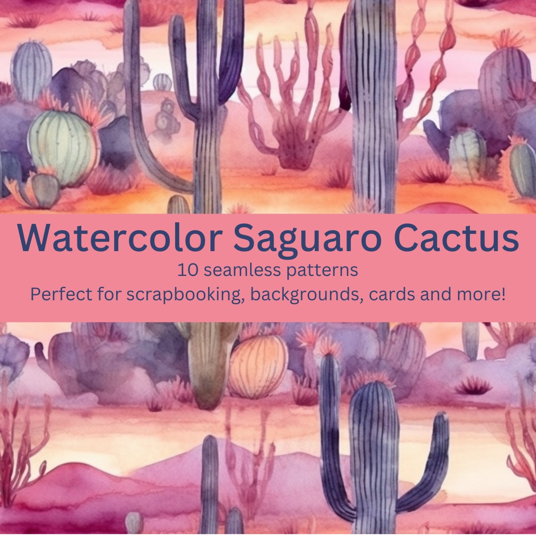 10 Seamless Saguaro Cactus Watercolor Patterns High-quality Digital ...