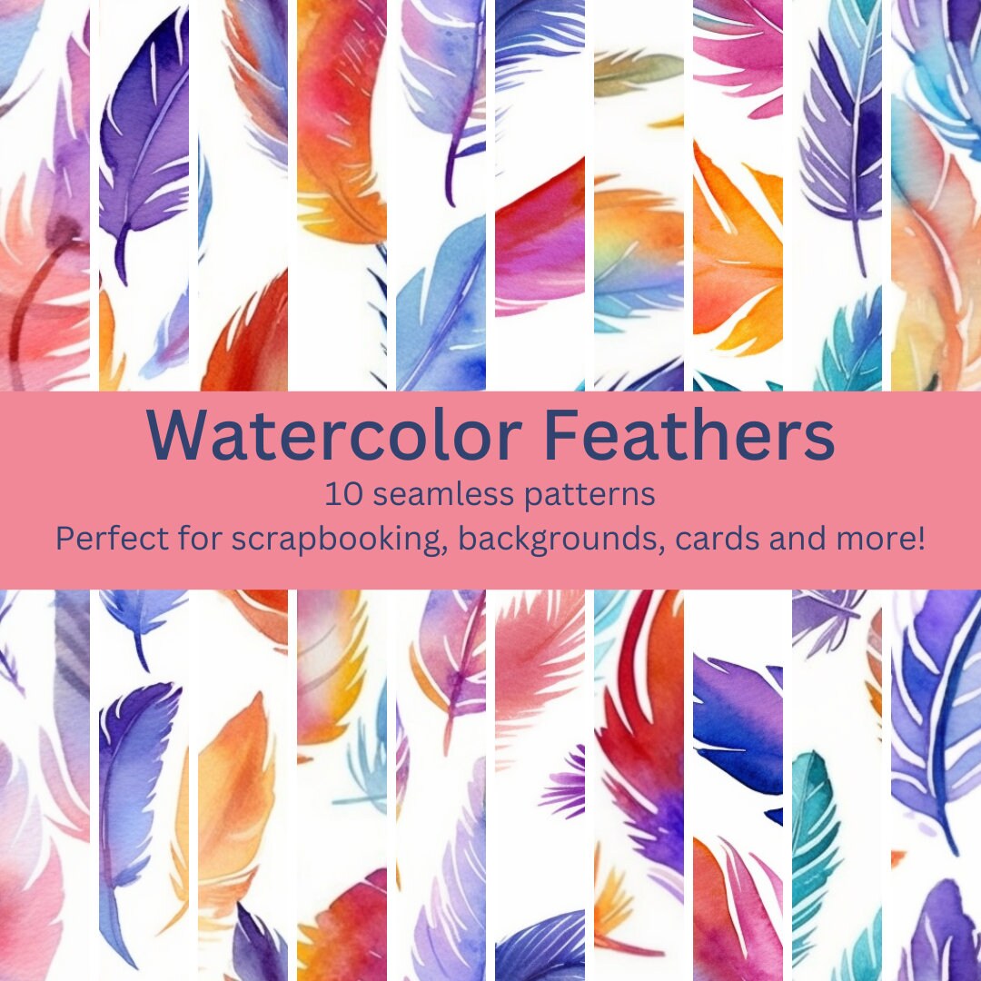 10 Digital Seamless Watercolor Feather Patterns: Even More Vibrant ...