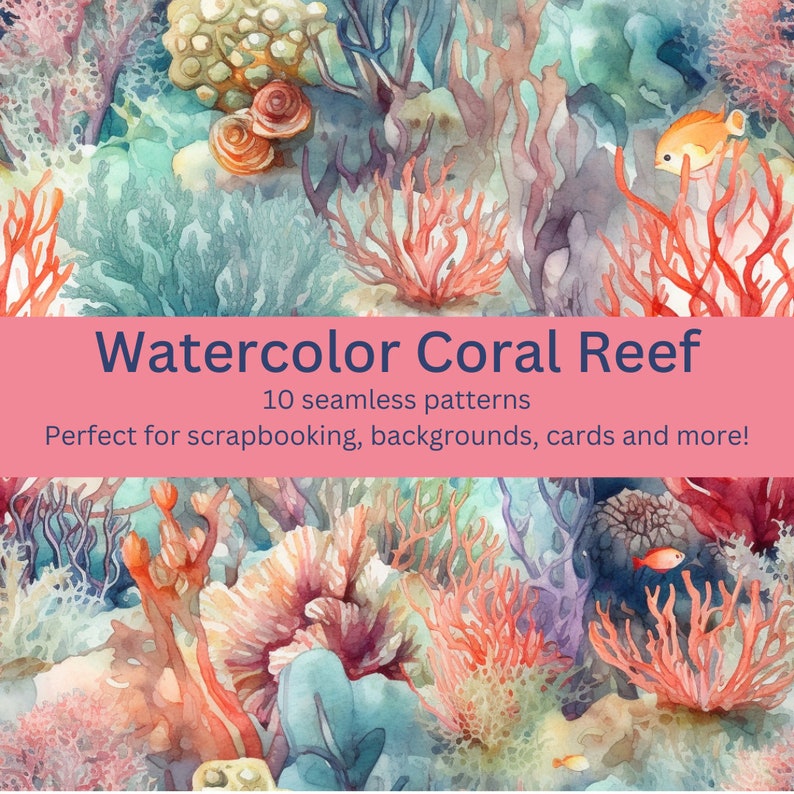 10 More Digital Seamless Watercolor Coral Reef Patterns: Oceanic Beauty ...