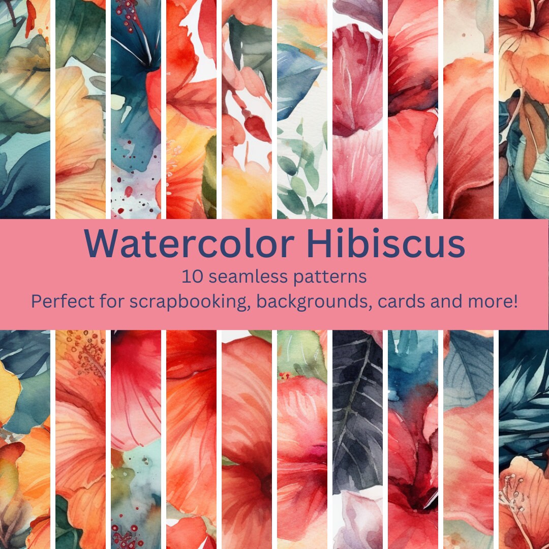 10 Digital Seamless Watercolor Hibiscus Patterns: Tropical Floral ...