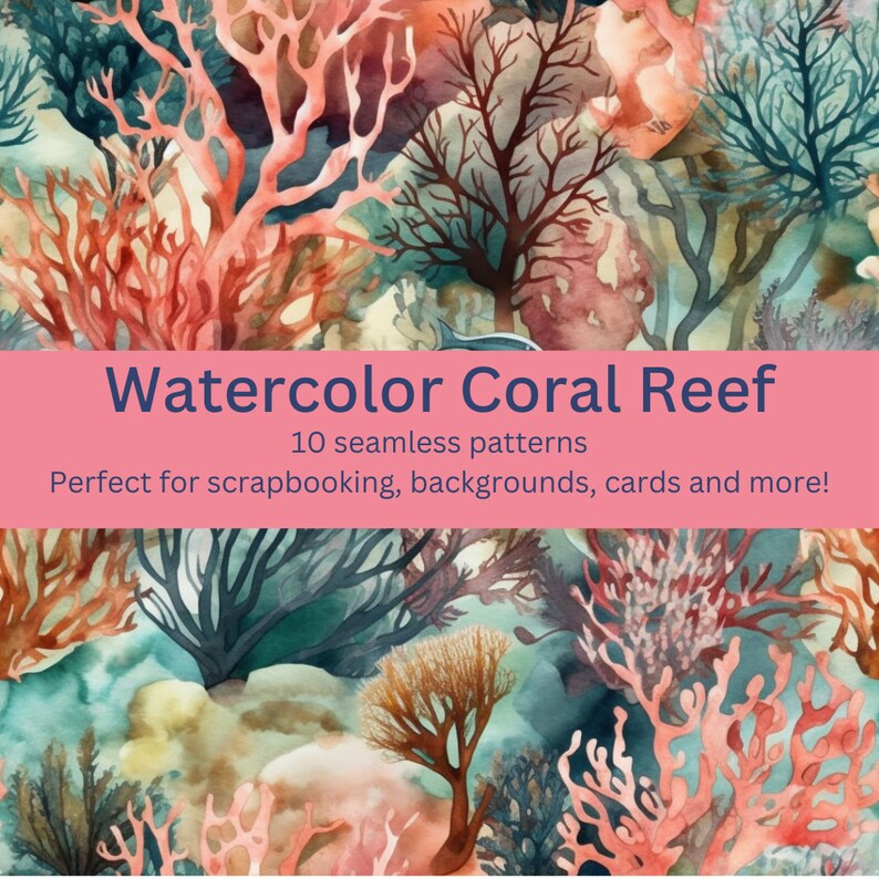 10 More Digital Seamless Watercolor Coral Reef Patterns: Oceanic Beauty ...