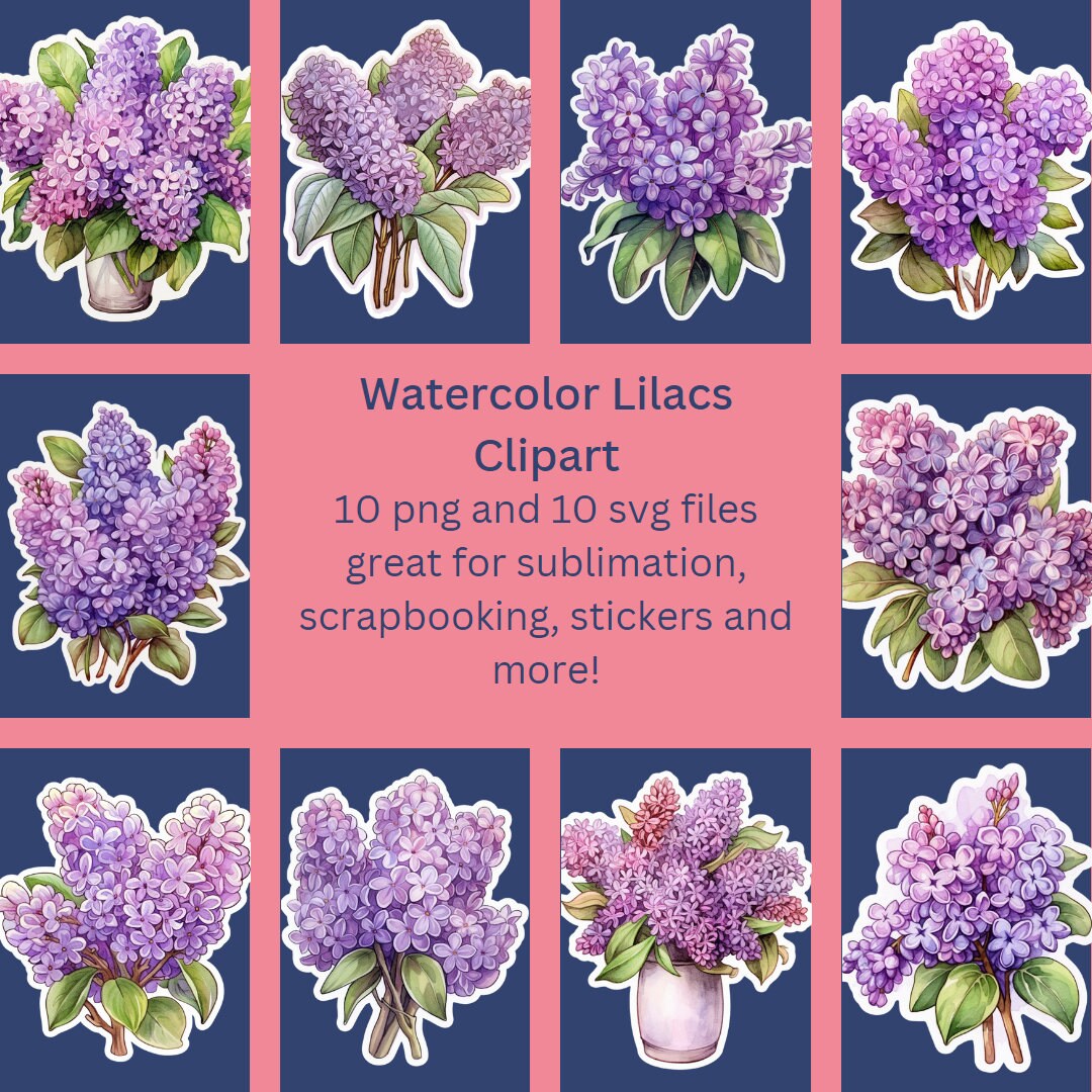Watercolor Lilacs Clipart Bundle - 10 PNG & SVG Files for Scrapbooking ...