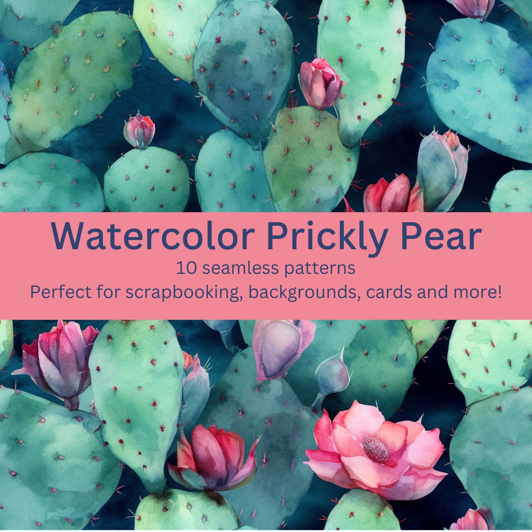 10 Seamless Prickly Pear Cactus Watercolor Patterns - More High-quality ...