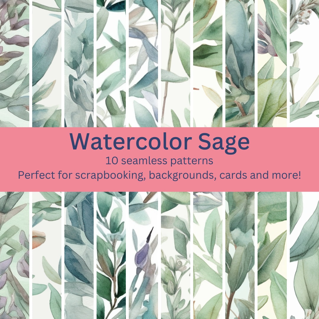 10 Digital Seamless Watercolor Sage Patterns: Serene Botanical Designs ...