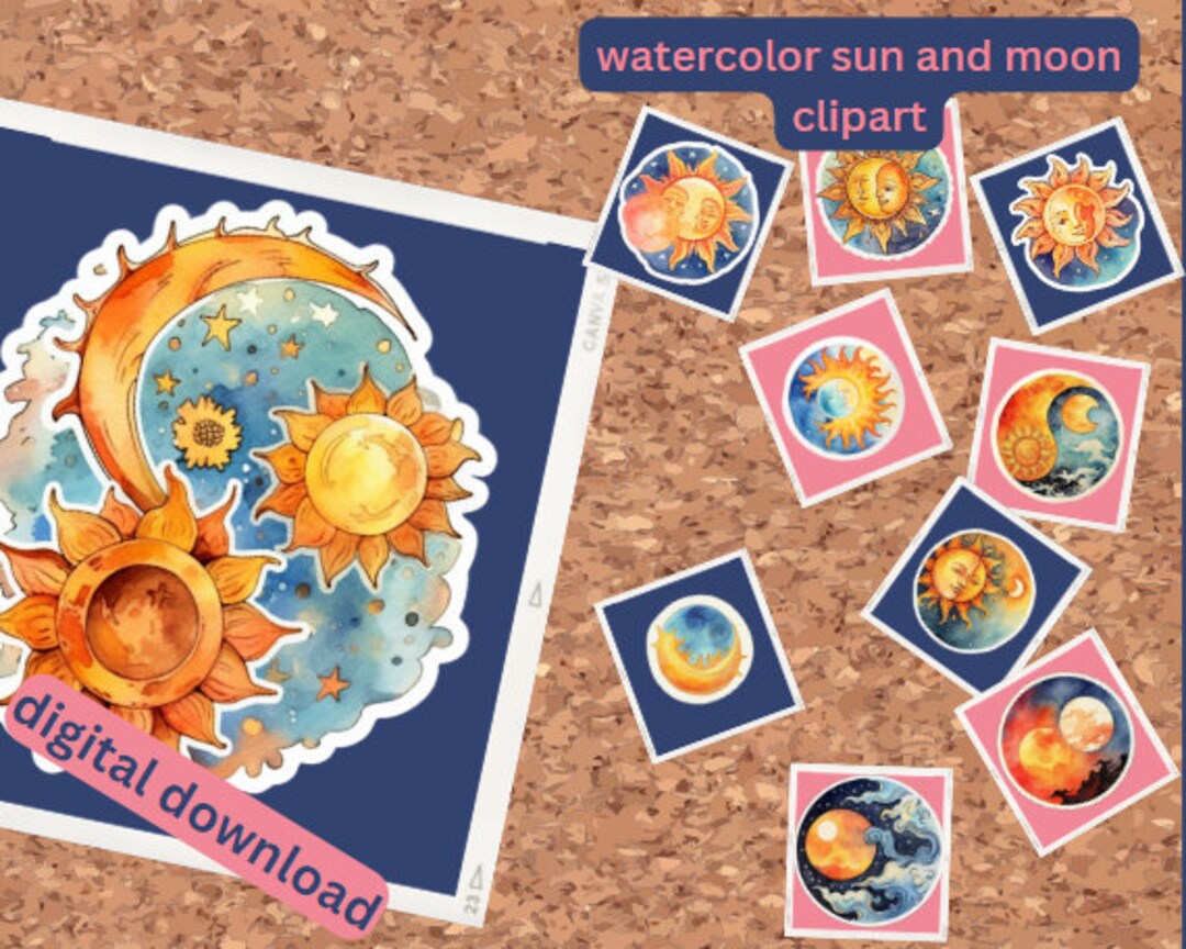 More Watercolor Sun and Moon Clipart Bundle 10 PNG & SVG Files for ...