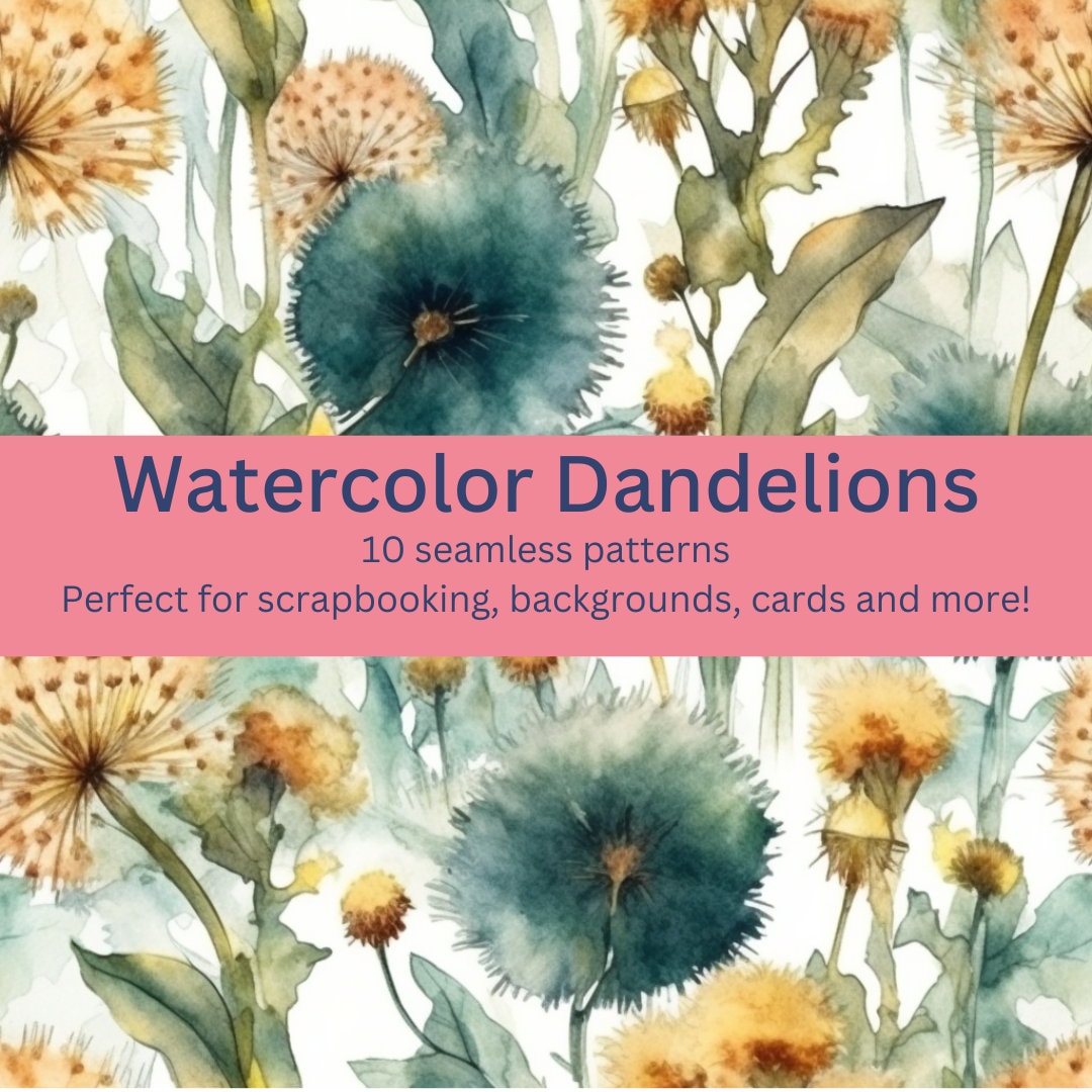 10 Digital Seamless Watercolor Dandelion Patterns: Whimsical Floral ...