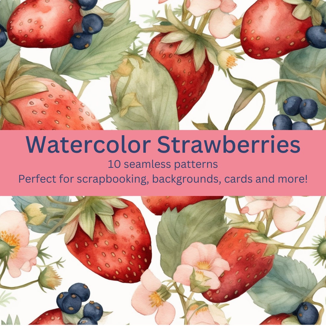 10 Digital Seamless Watercolor Strawberries Patterns: Juicy Fruit ...