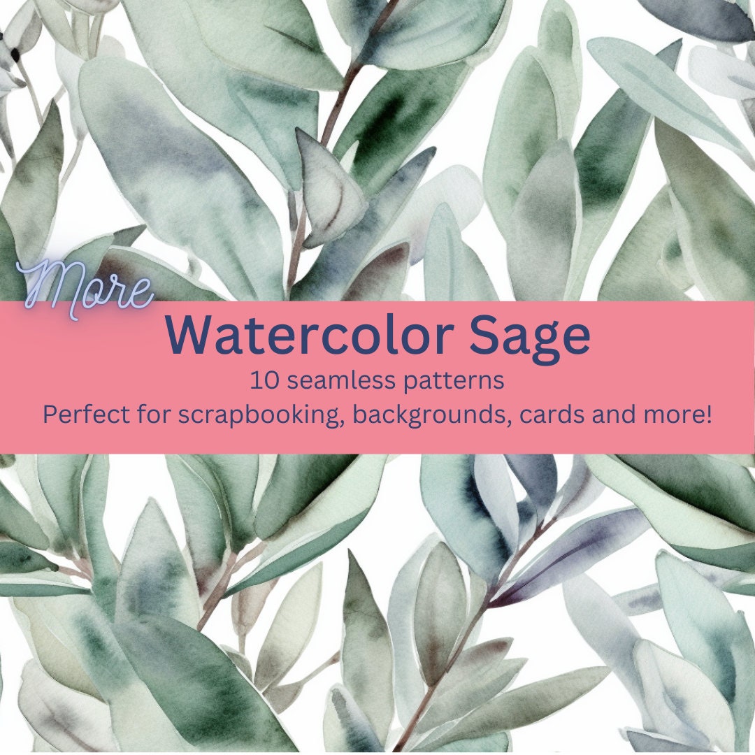 10 More Digital Seamless Watercolor Sage Patterns: Serene Botanical ...