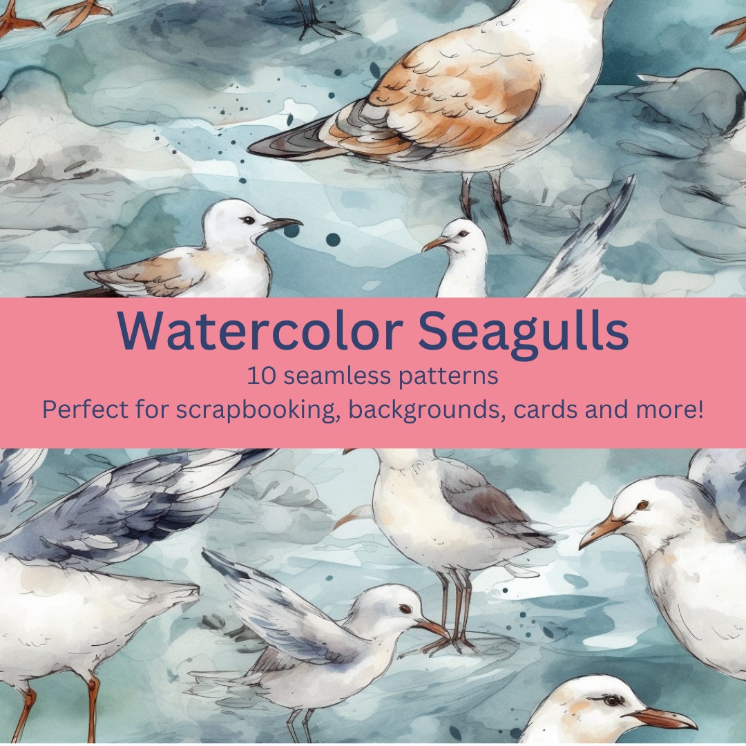 10 Beautiful Digital Seamless Seagull Watercolor Patterns Perfect for ...