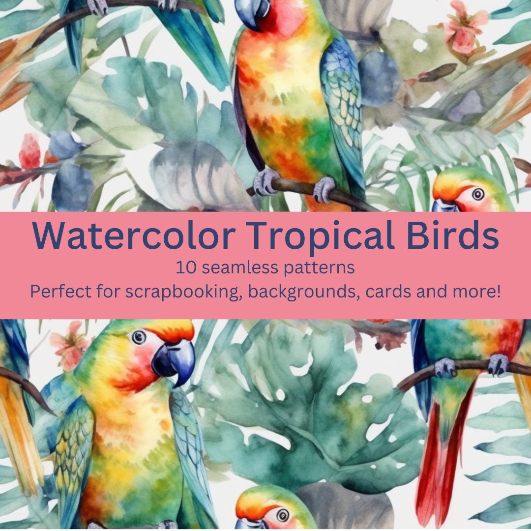 10 Digital Seamless Watercolor Tropical Bird Patterns: Vibrant Designs ...