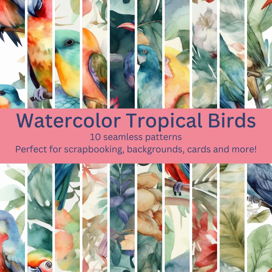 10 Digital Seamless Watercolor Tropical Bird Patterns: Vibrant Designs ...