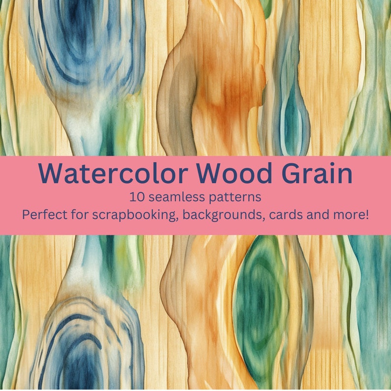 Natural Elegance: 10 Seamless Digital PNG Watercolor Woodgrain Patterns for Rustic, Organic ...