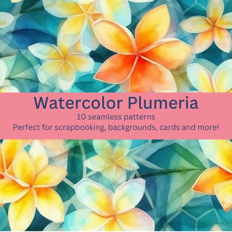 10 Exotic Plumeria Watercolor Patterns - Digital Seamless Designs for ...