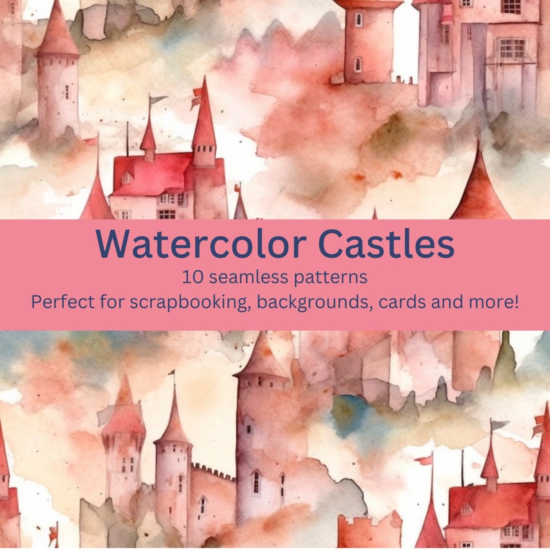 10 Digital Seamless Watercolor Castle Patterns: Enchanting Fortress ...