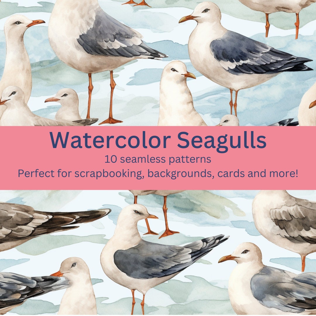 10 Beautiful Digital Seamless Seagull Watercolor Patterns Perfect for ...