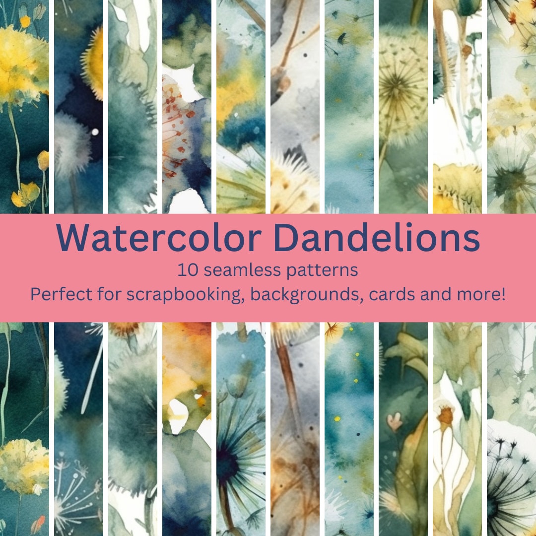 10 Digital Seamless Watercolor Dandelion Patterns: Whimsical Floral ...