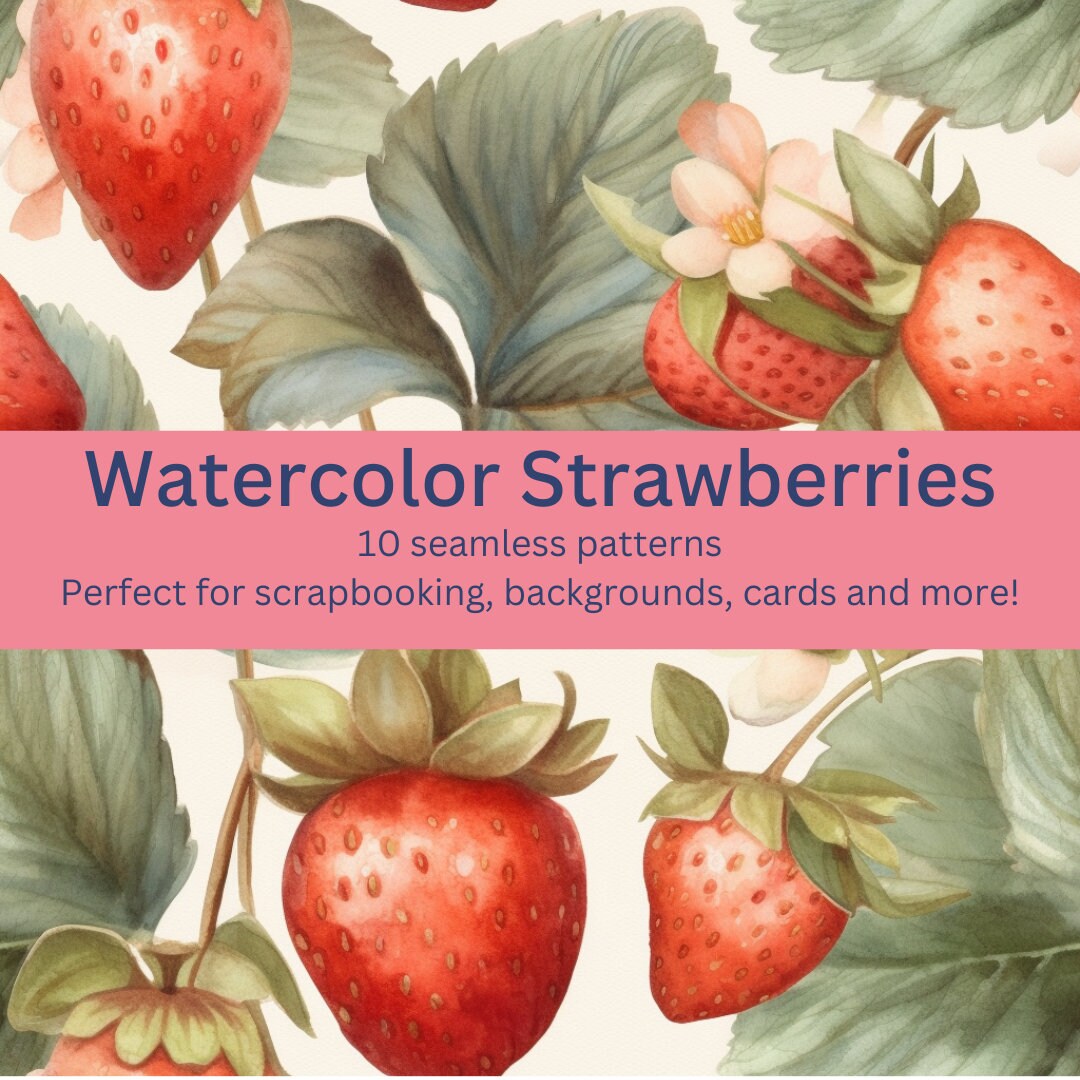 10 Digital Seamless Watercolor Strawberries Patterns: Juicy Fruit ...