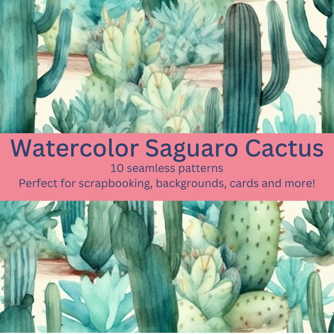 10 Seamless Saguaro Cactus Watercolor Patterns - High-quality Digital ...