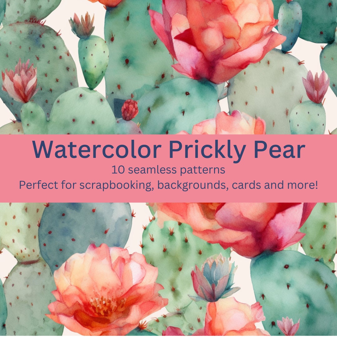 10 Seamless Prickly Pear Cactus Watercolor Patterns - More High-quality ...