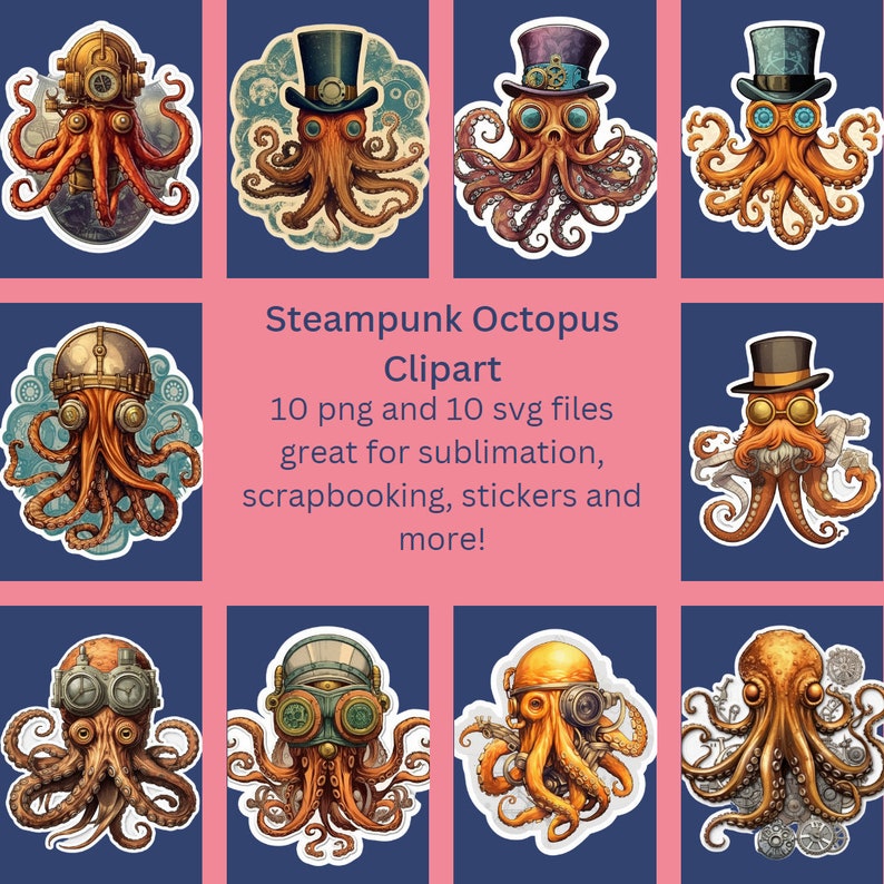 Even More Steampunk Octopus Clipart Bundle - 10 PNG & SVG Files for ...